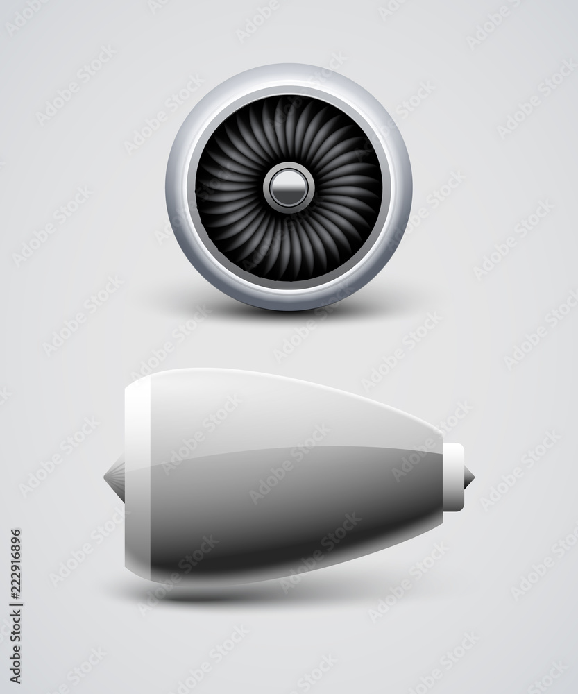 Jet airplane engine turbine front side view. Air blade fan, power ...