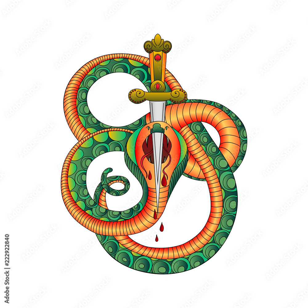Snake with sword. Old school tattoo style. Isolated element on white ...
