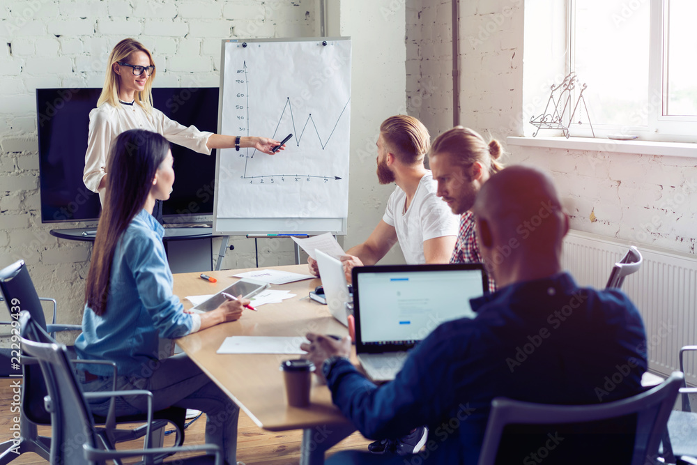 Working hard to win. Businesswoman conducting a business presentation ...