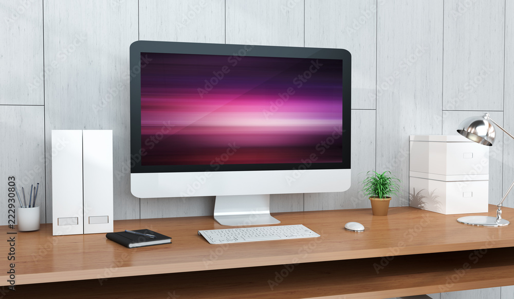 Computer and devices on modern wooden desk interior 3D rendering Stock ...