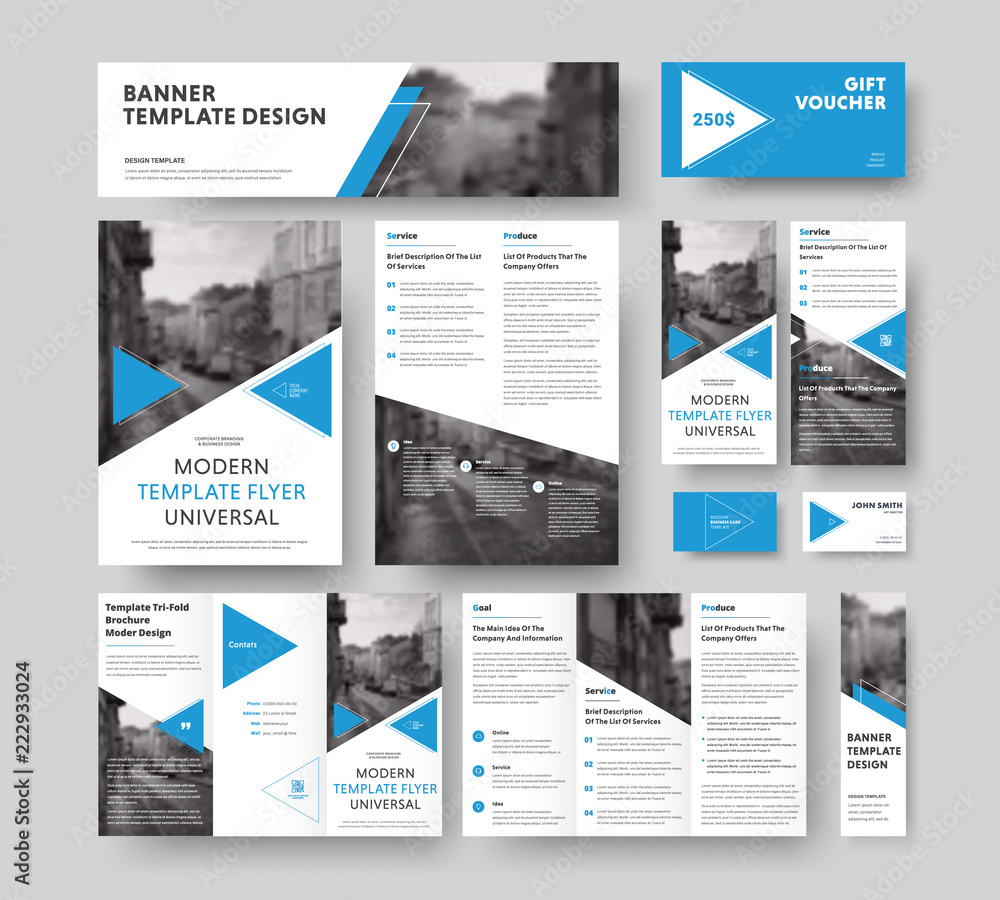 corporate style set with triangular blue design elements, diagonals and ...
