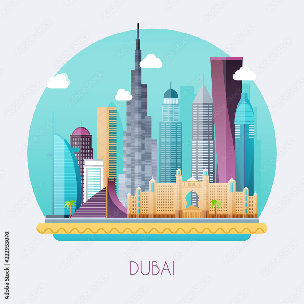 Dubai. Skyline and vector landscape of buildings and famous landmarks ...