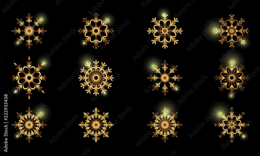 Vector Set of Realistic bright Gold snowflakes isolated on black ...