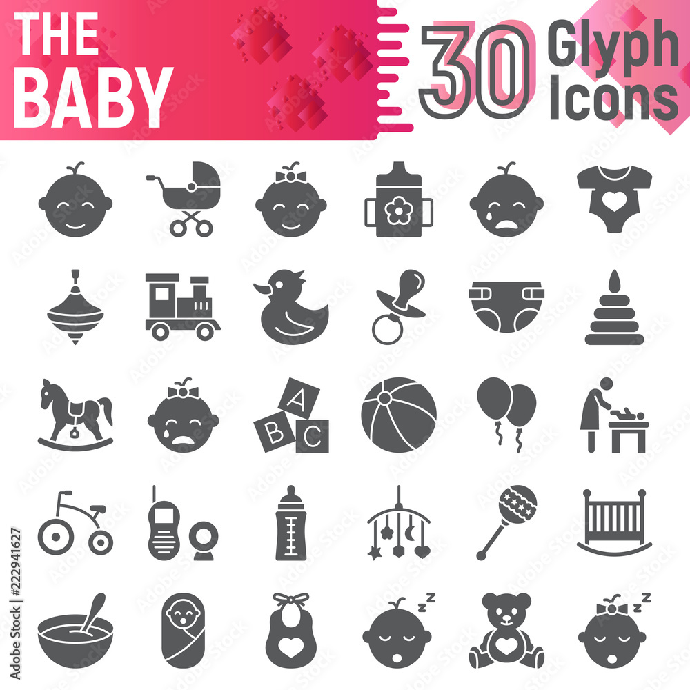Baby glyph icon set, child symbols collection, vector sketches, logo ...