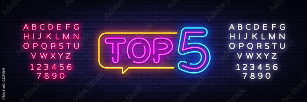 Top 5 Neon Text Vector. Top Five neon sign, design template, modern ...