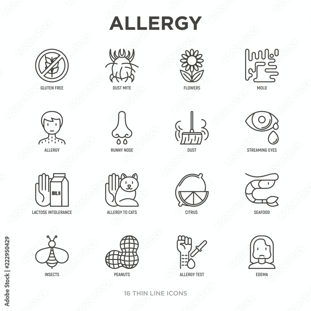 Allergy Thin Line Icons Set Runny Nose Dust Streaming Eyes Lactose
