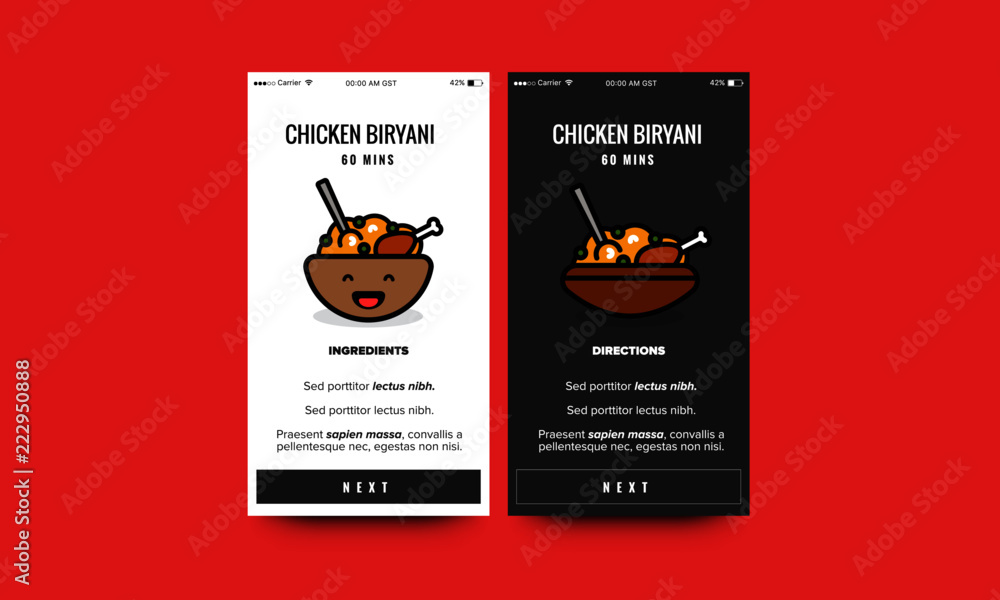 Chicken Biryani Recipe App UX UI Design for Smart Phones Stock Vector ...