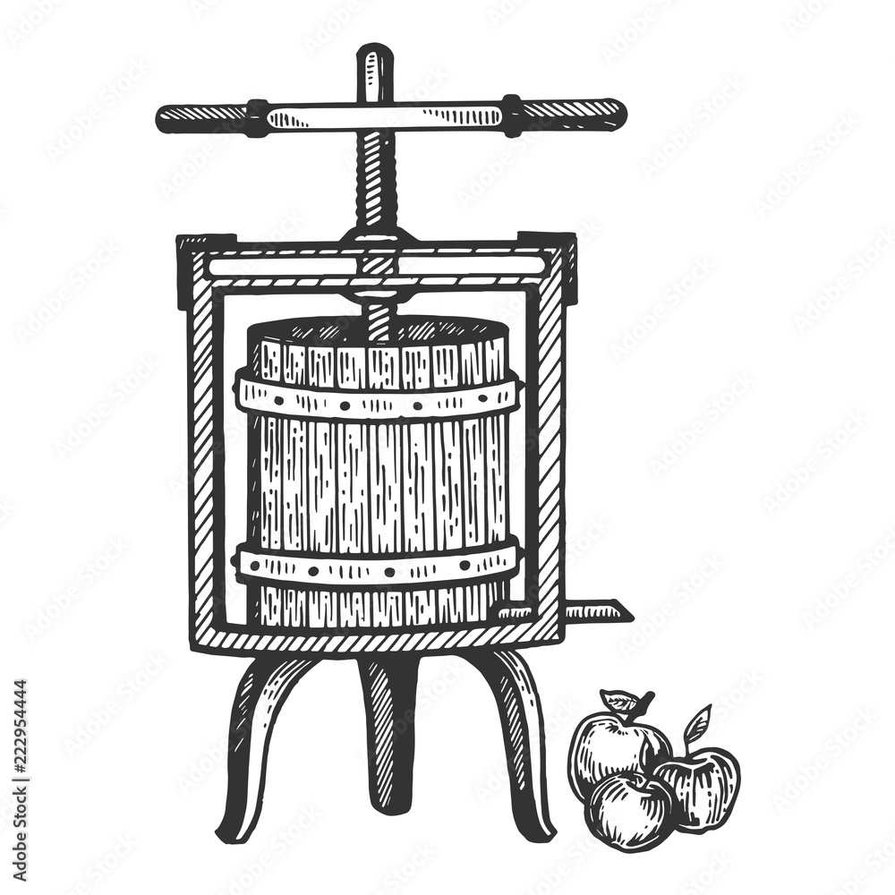 Apple cider juice press engraving vector illustration. Scratch board ...