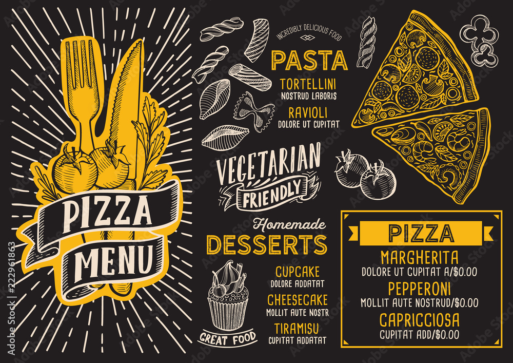 Pizza menu food template for restaurant with doodle hand-drawn graphic ...