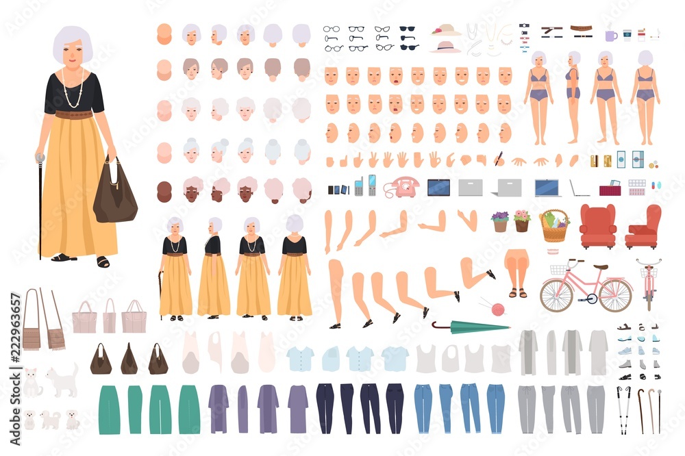 Modern old woman or granny creation set. Collection of elderly lady's ...