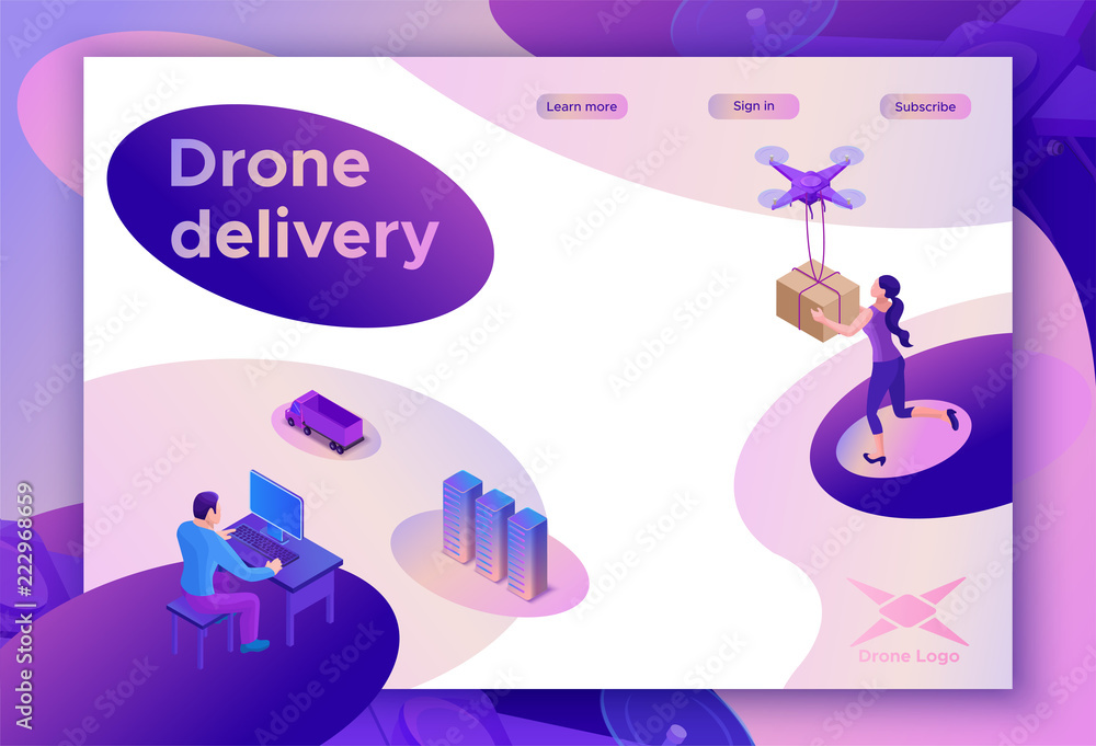 Drone delivering parcel to people, landing page template with ...