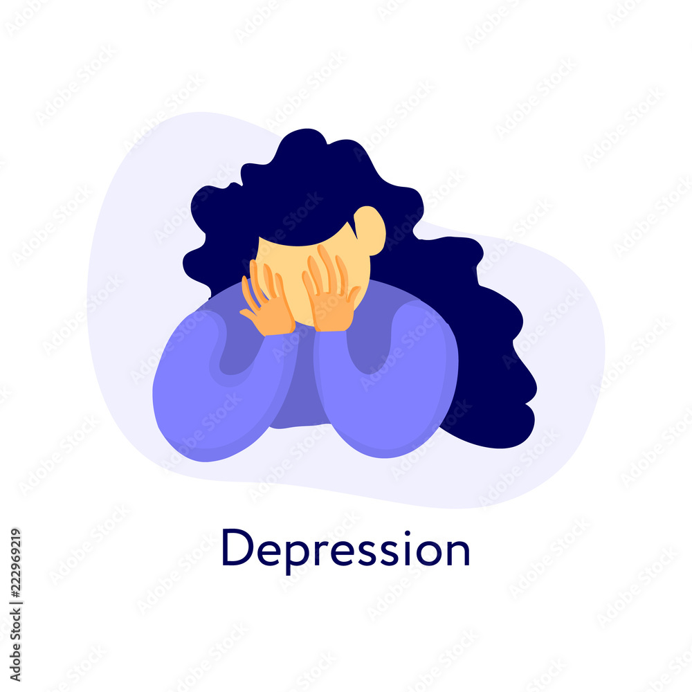 Young girl in a flat style covered face her hands. Bad mood and ...