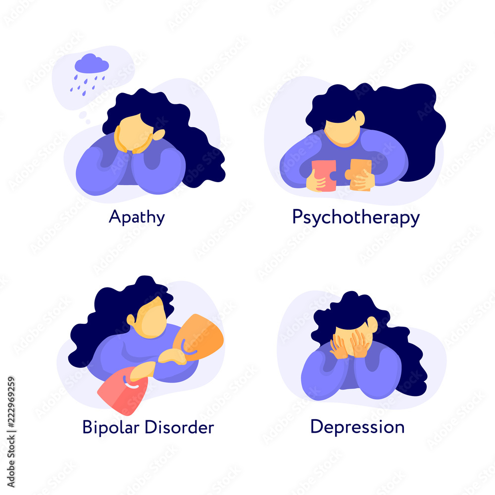 set of flat illustration about mental health: apathy, depression ...