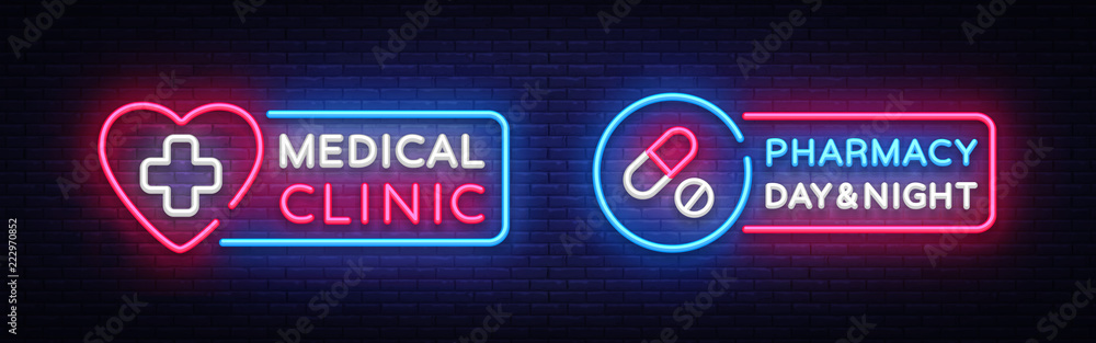 Medical neon sign design template. Pharmacy neon emblem, light banner ...