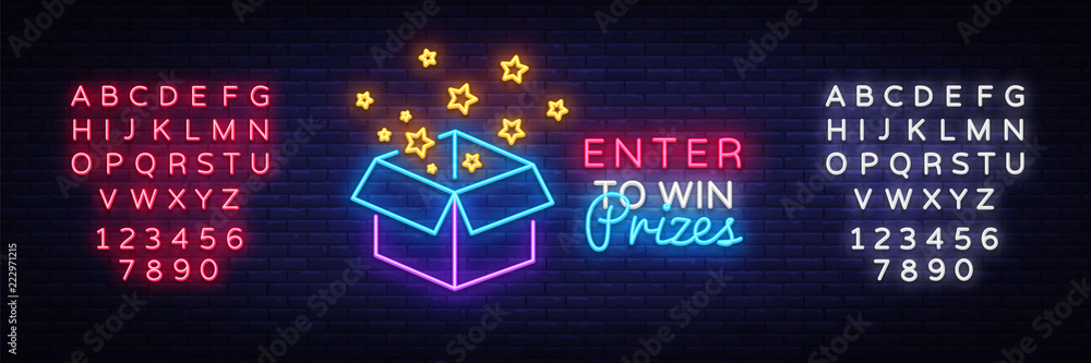 Enter to Win Prizes Neon Sign Vector. Gift neon sign, design template ...