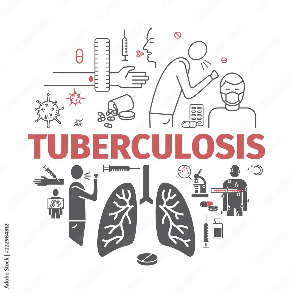 Tuberculosis round banner. Symptoms, Treatment. Line icons set. Vector ...
