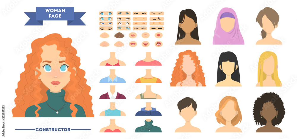Woman face constructor. Female avatar creation or set for animation ...