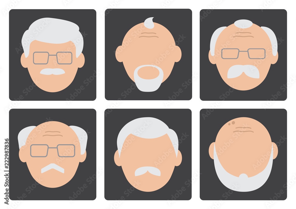 Flat set of face old men on gray background, avatar. Vector ...