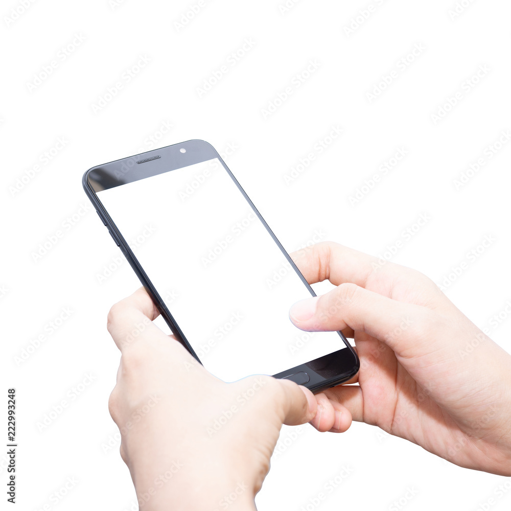 hand with smart phone of female Asia girl on white back ground isolate ...