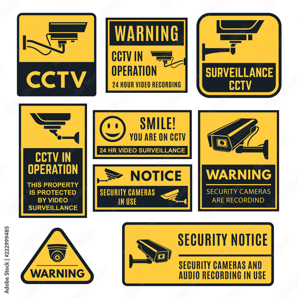 CCTV warning sign set, video system control Stock Vector | Adobe Stock