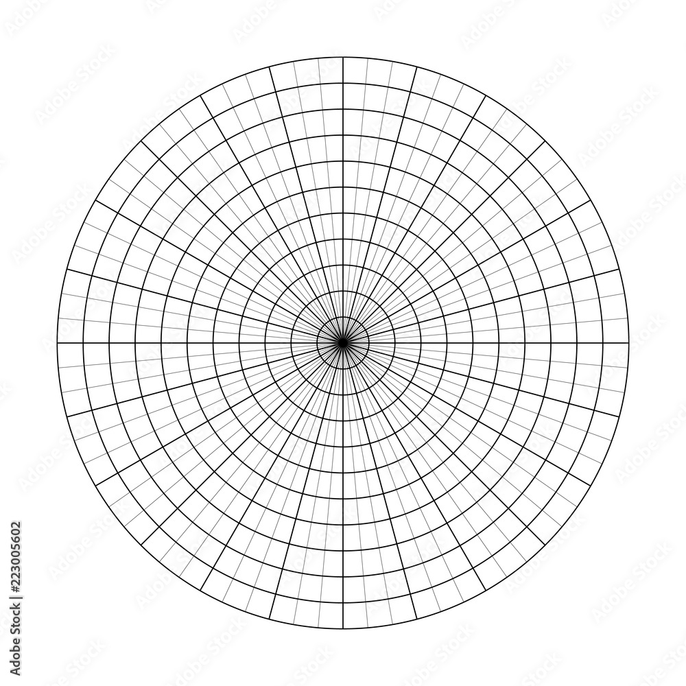 Polar Grid Of 10 Concentric Circles And 5 Degrees Steps Blank Vector