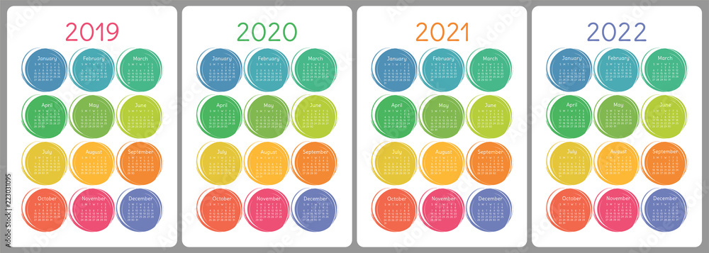 Calendar 2019, 2020, 2021, 2022 years. Colorful vector set. Week starts ...