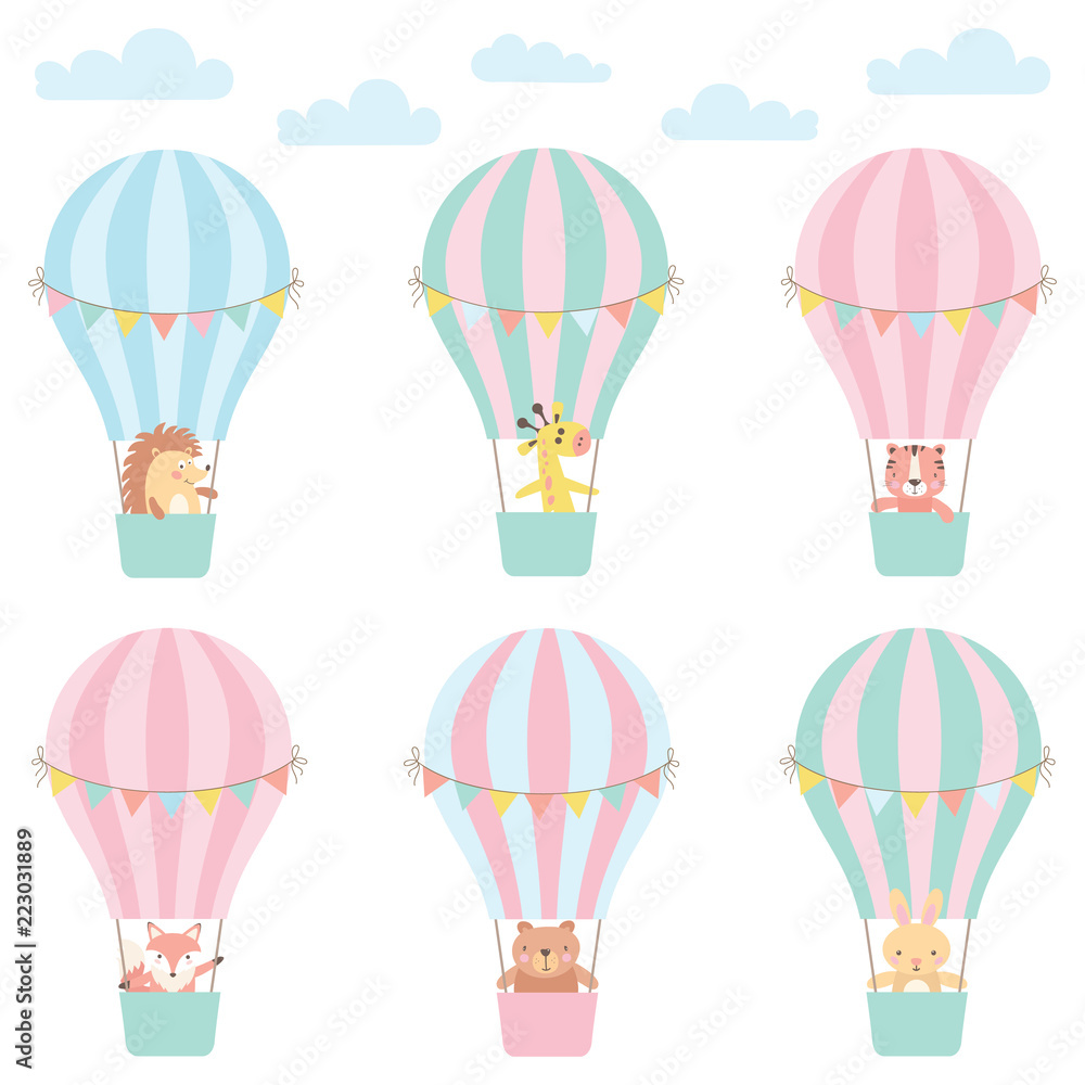Set of cute animals in a hot air balloon. Vector illustration Stock ...