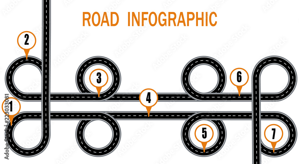 Infographics. A winding road and a circular motion with signs. The path ...