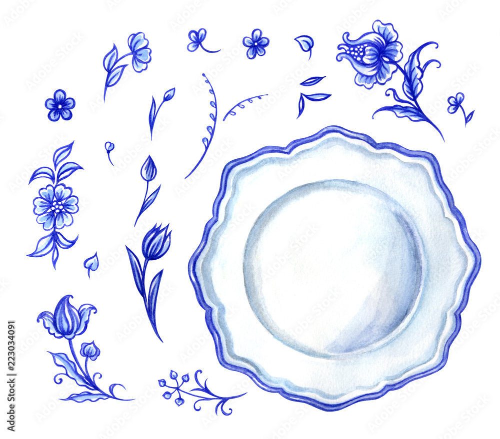 Set of blue floral pattern and plate, watercolor painting on white ...
