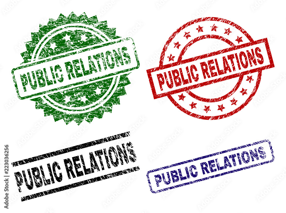 PUBLIC RELATIONS seal prints with damaged texture. Black, green,red ...