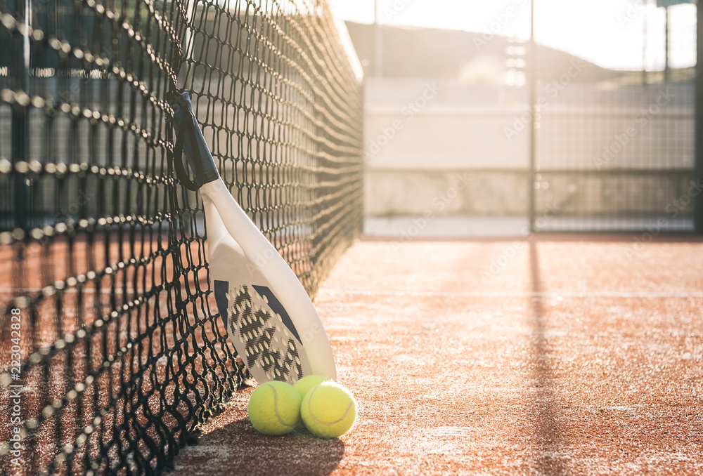 Padel blade racket resting on the net Stock Photo | Adobe Stock