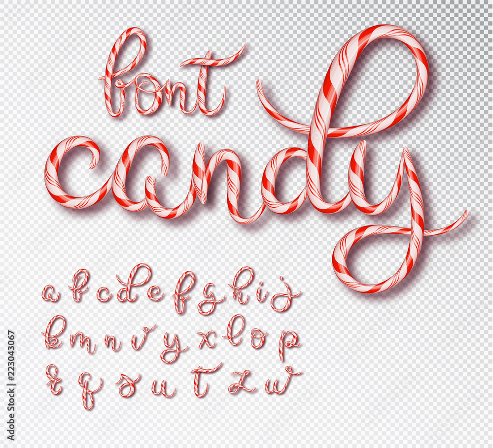 Christmas candy cane lettering. Font set with caramel letter . Sweet 3d ...