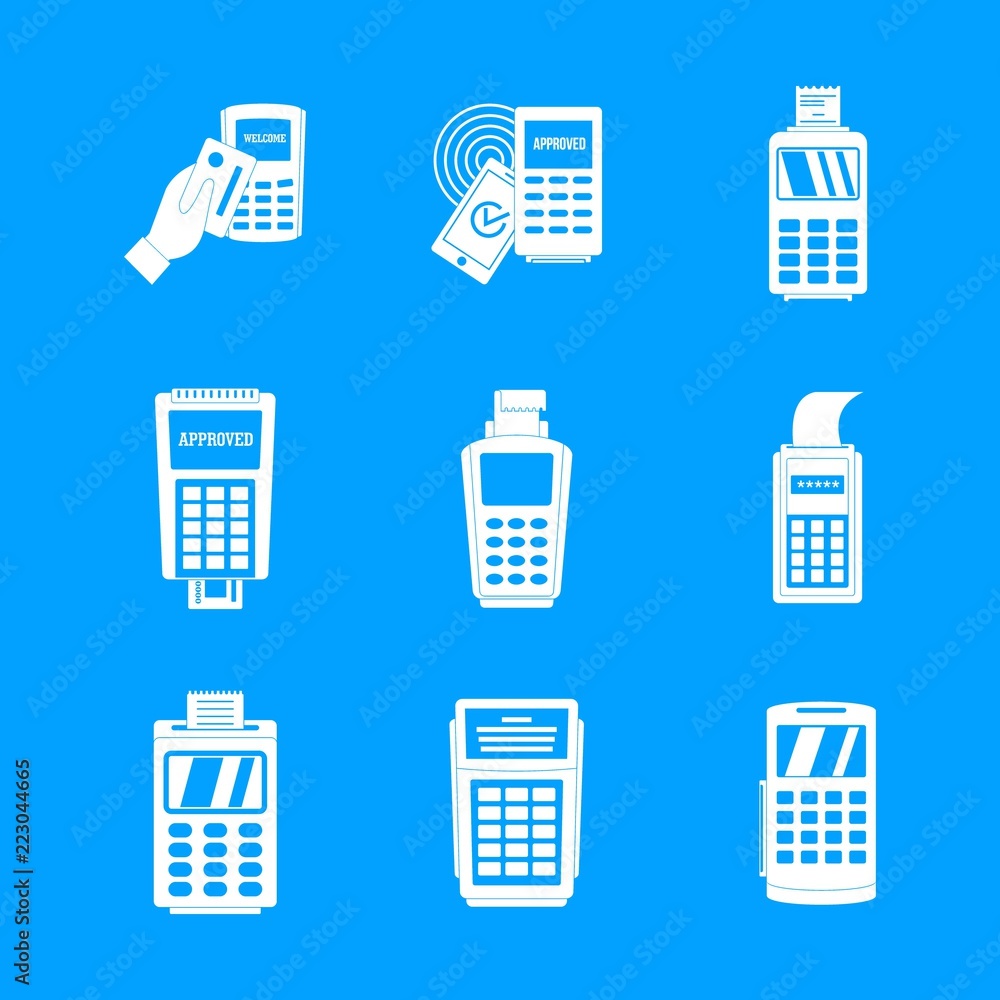 Bank terminal card credit machine icons set. Simple illustration of 9 ...