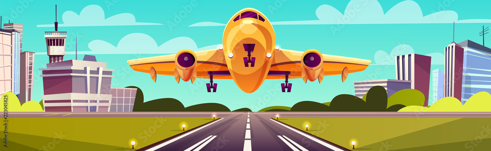 Vector cartoon illustration, yellow airliner, jet over runway. Takeoff ...