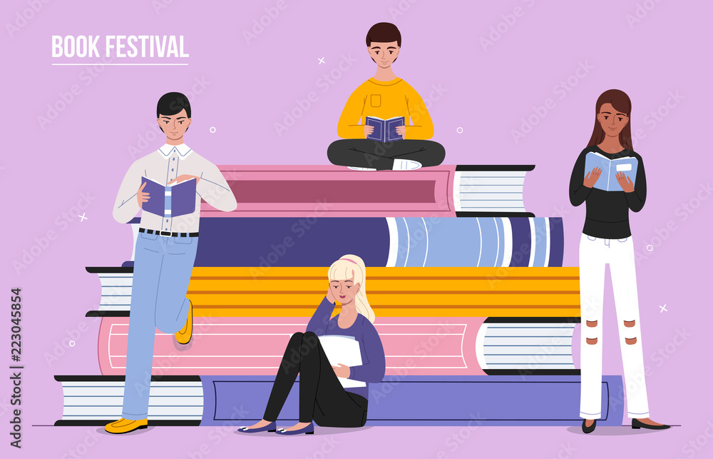 Book festival poster vector illustration of students girls and boys ...