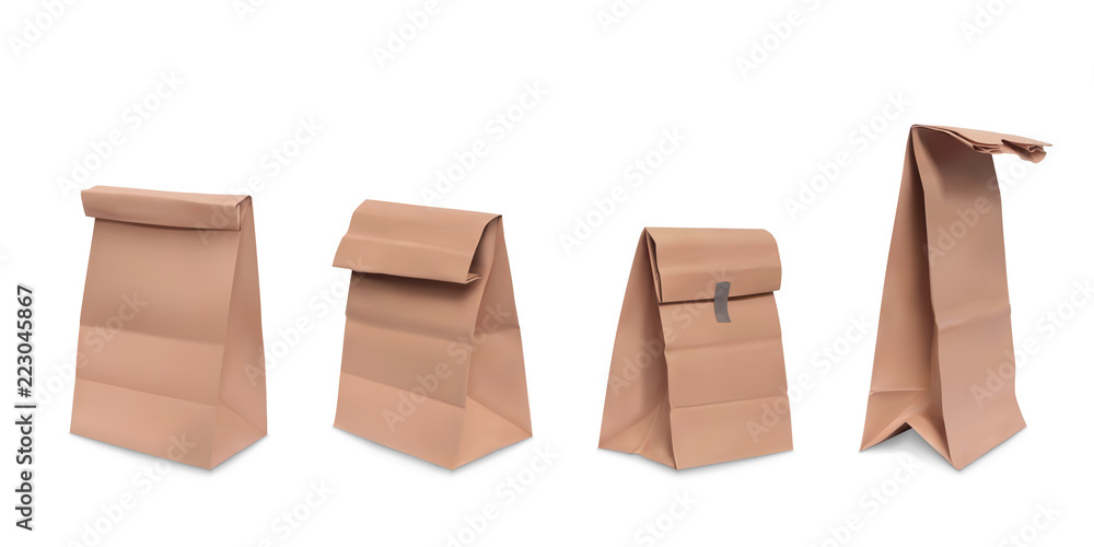 Paper bag, set of vector realistic illustrations brown paper grocery ...