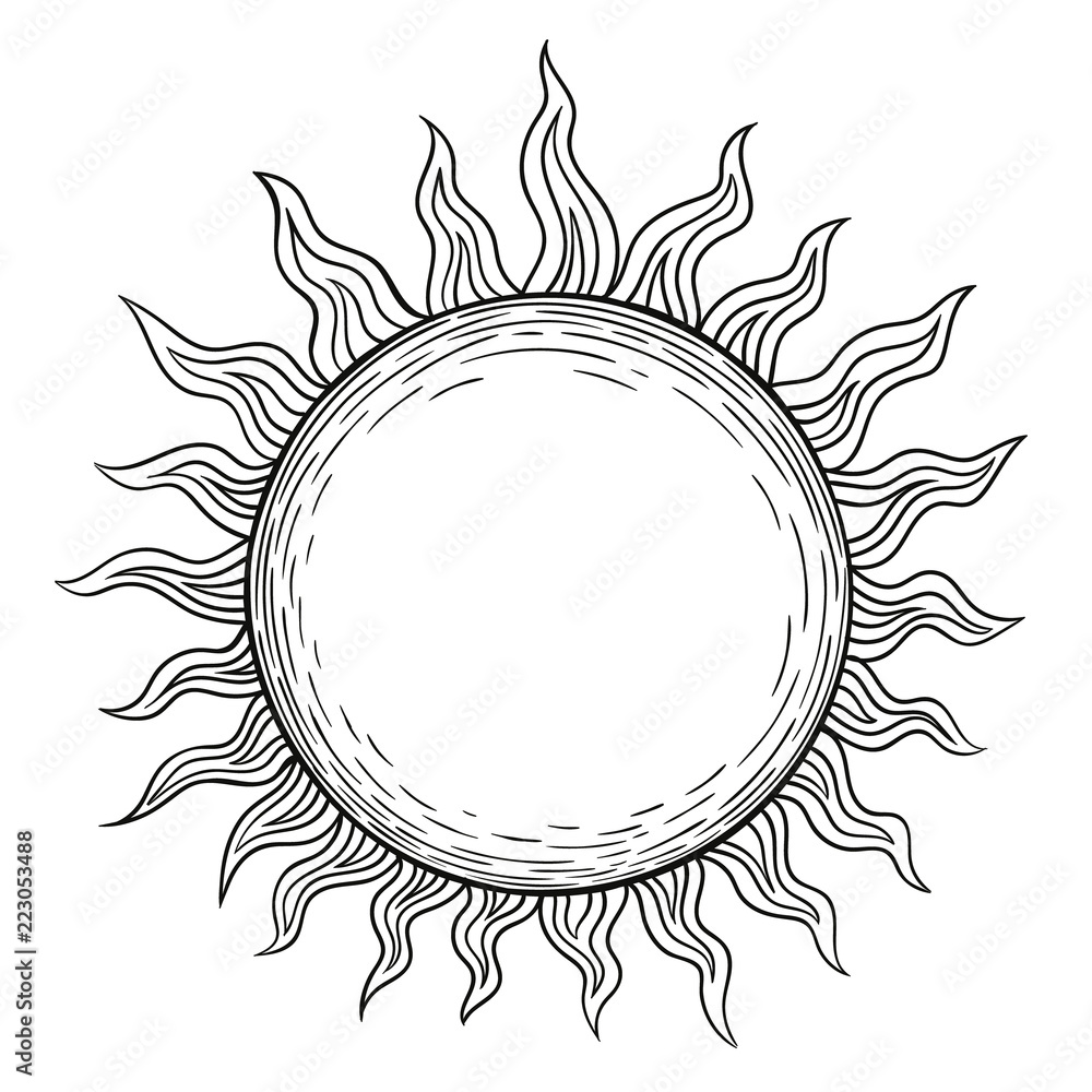 The sun, a linear drawing in the style of engraving black lines Stock ...