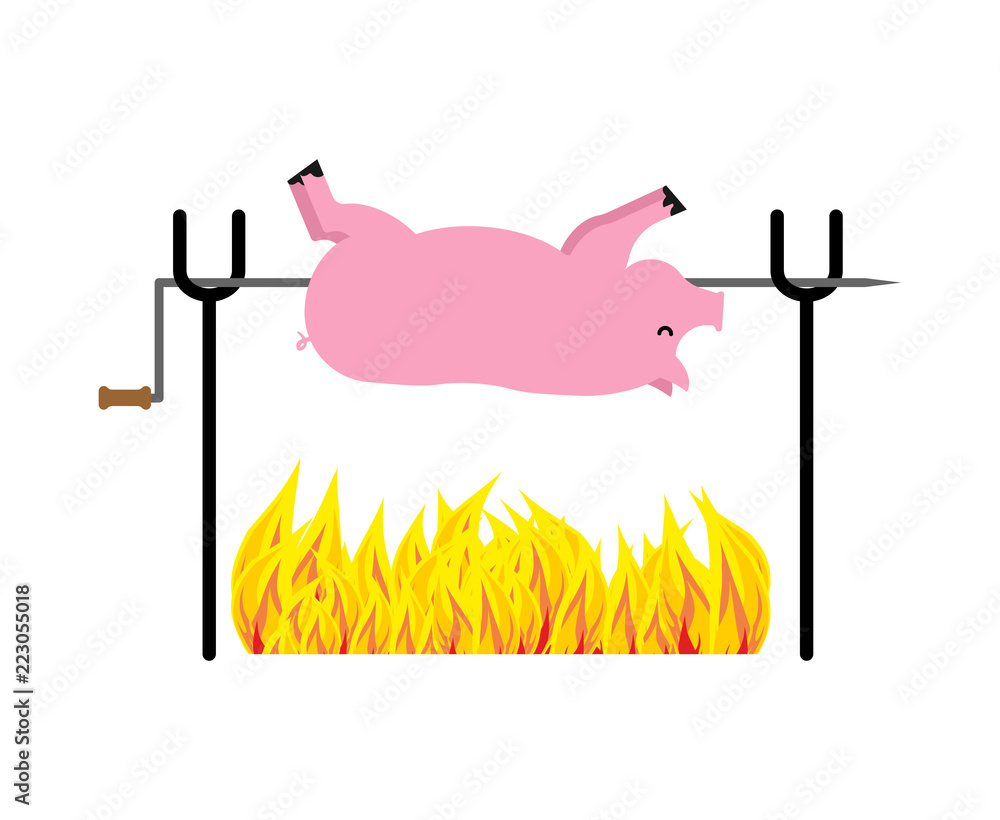 Roasted Pig on spit. Pork on fire. Vector illustration Stock Vector ...