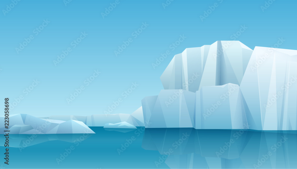 Arctic winter panorama landscape with iceberg and ice mountains. Cold ...