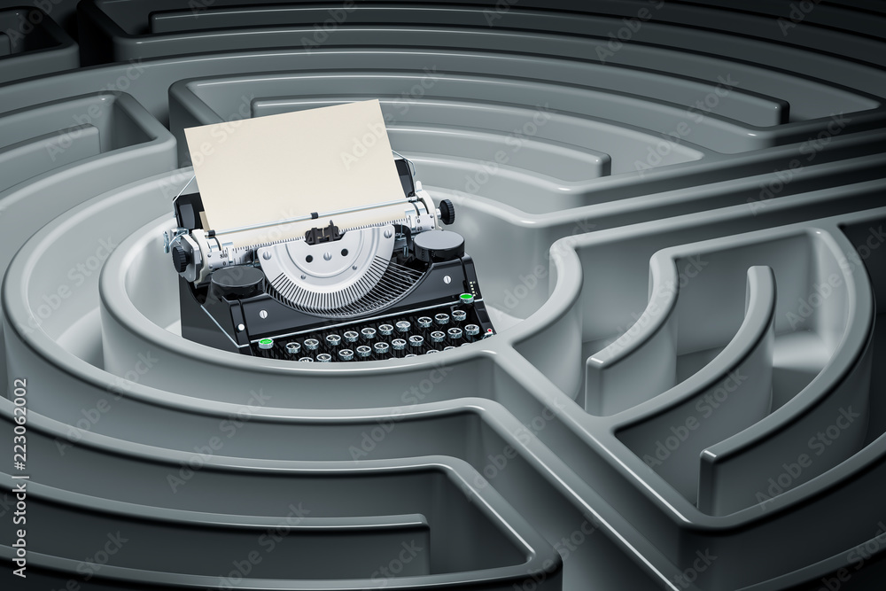 How to write a book, solution concept. Typewriter inside labyrinth maze ...