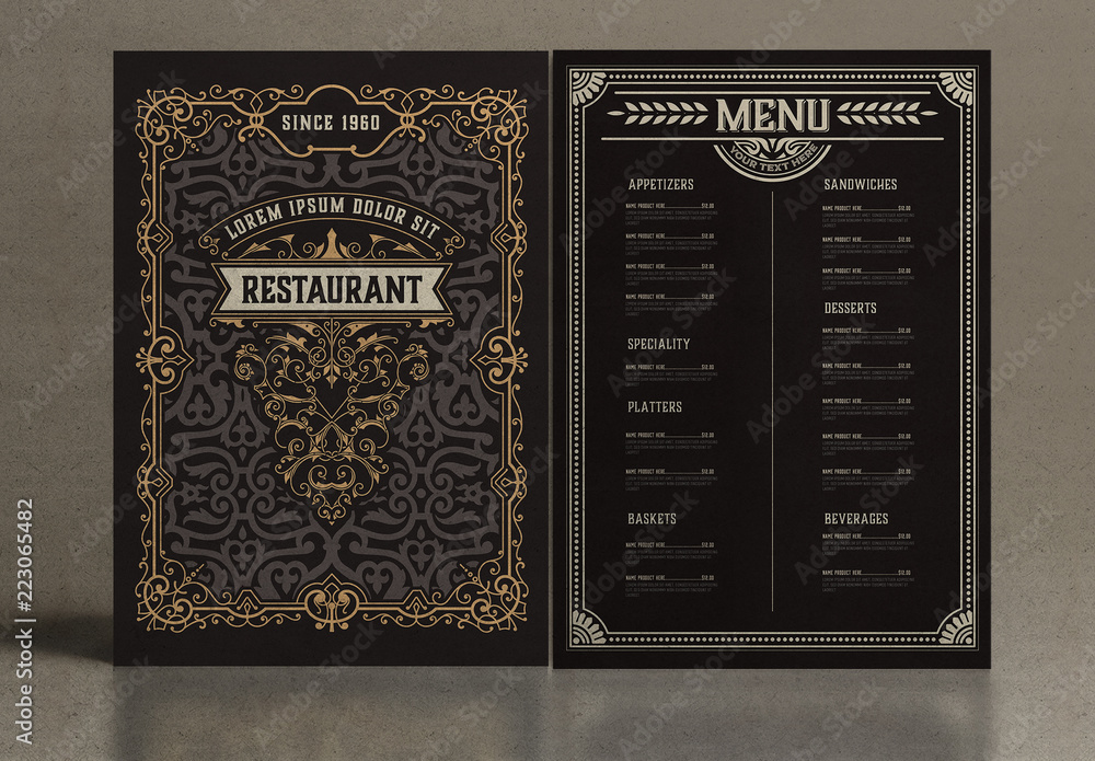 Restaurant Menu Layout with Ornamental Elements Stock Template | Adobe ...