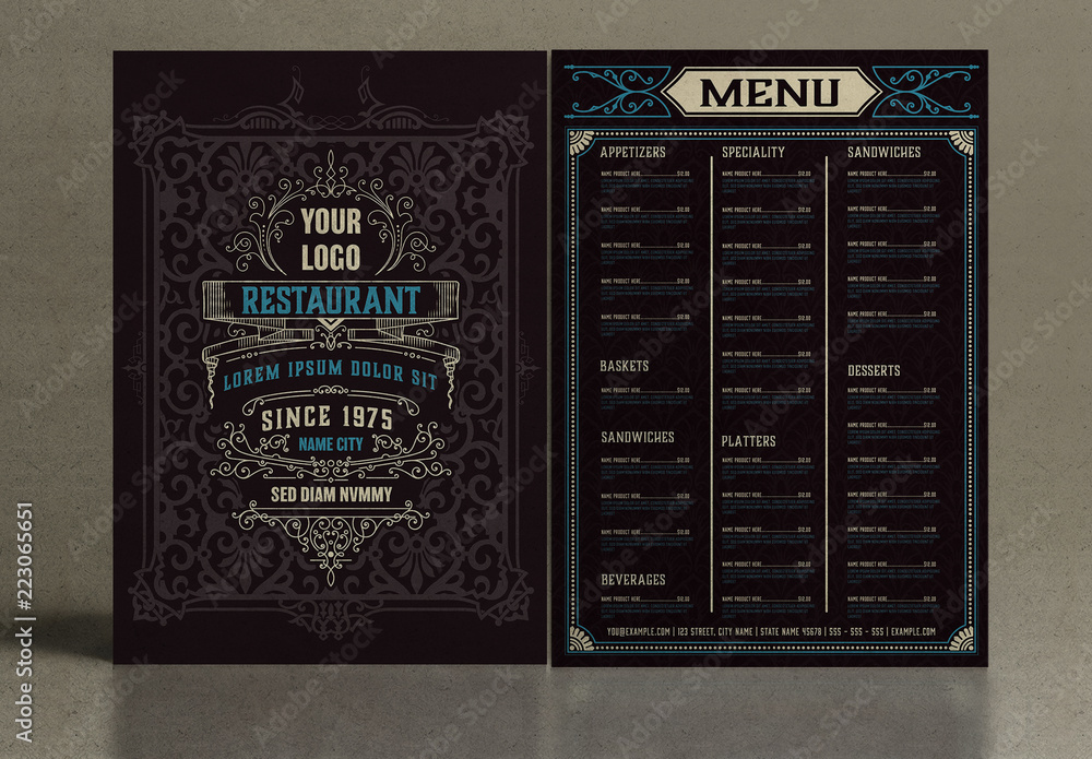 Restaurant Menu Layout with Ornamental Elements Stock Template | Adobe ...