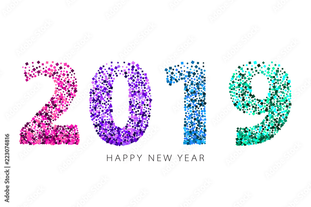 2019 numbers with various color glitter on white background. New year ...