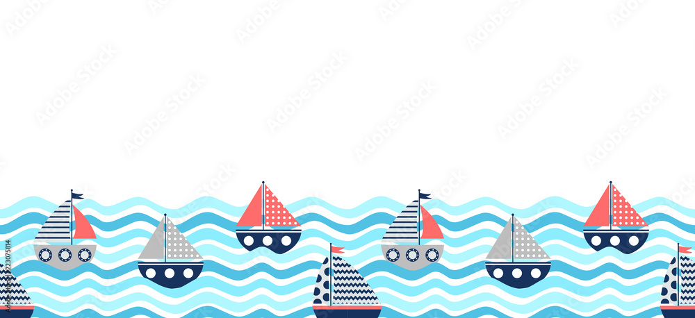 Vector seamless horizontal border with red and blue boats and waves for ...