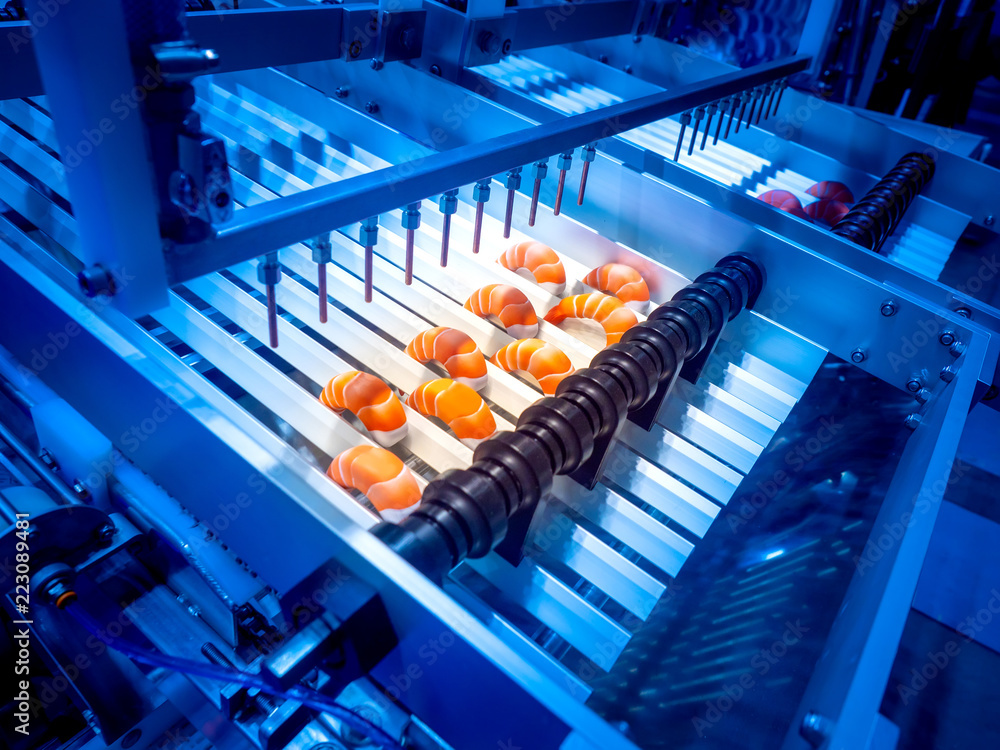 Seafood processing. Shrimp processing conveyor. Manufacturing of semi ...