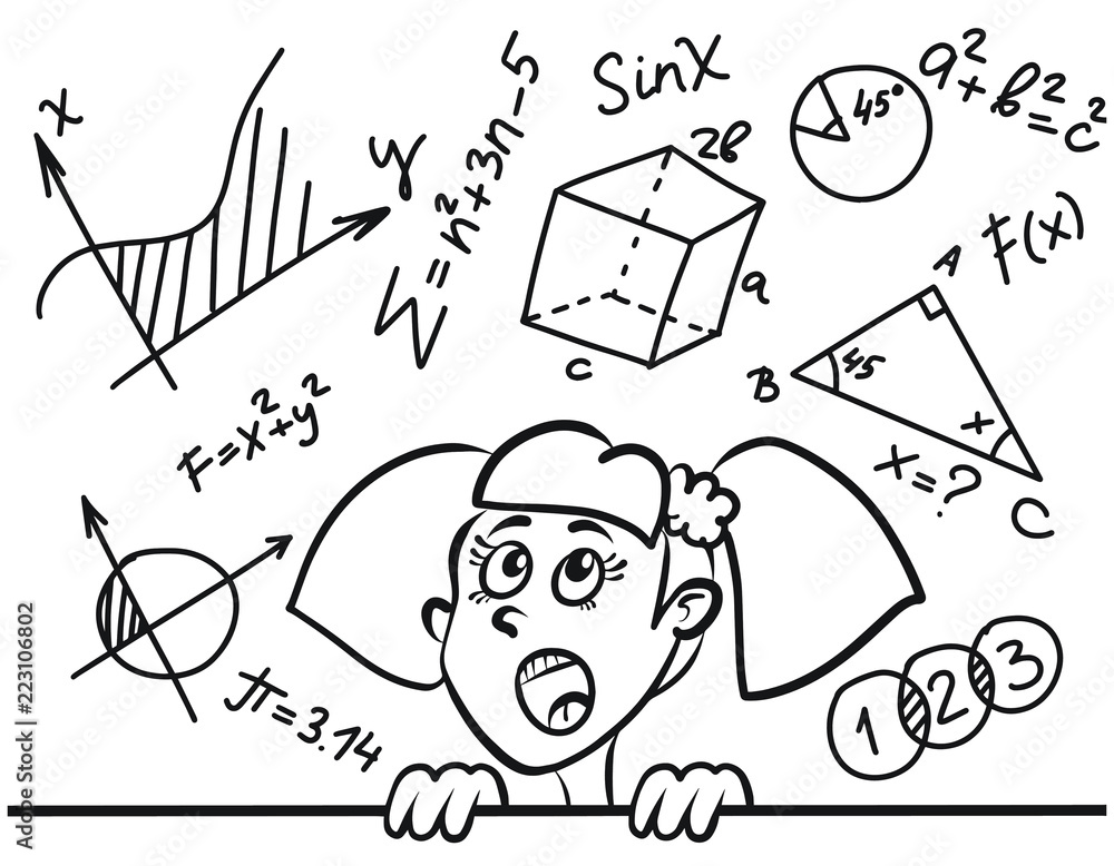 Cute cartoon girl and math and geometry formulas and problems on ...