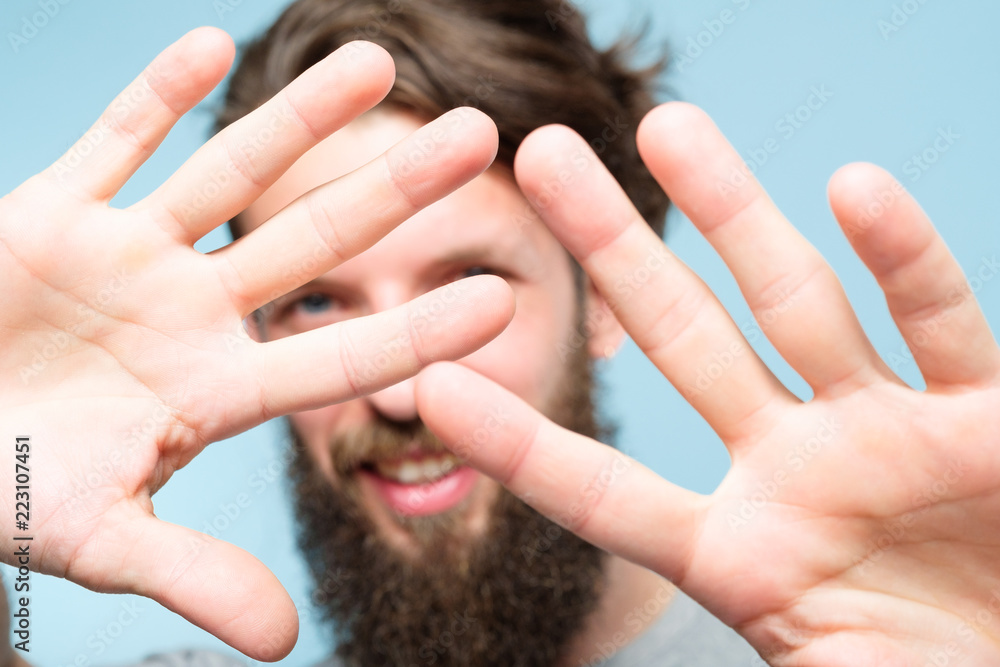 man shutting out from view. private life and paparazzi concept. guy ...