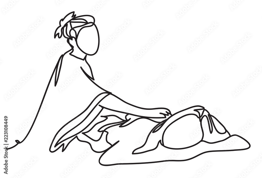 Thai Massagist Doing Massage For European Woman In Spa Salon Continuous Line Drawing Vector