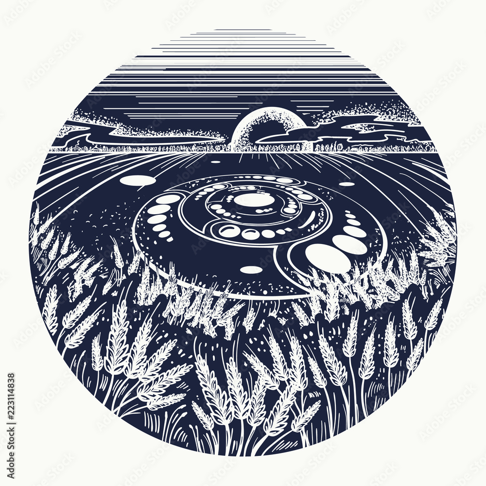 Circles on fields tattoo art. Mystical alien signs on meadows. Concept ...