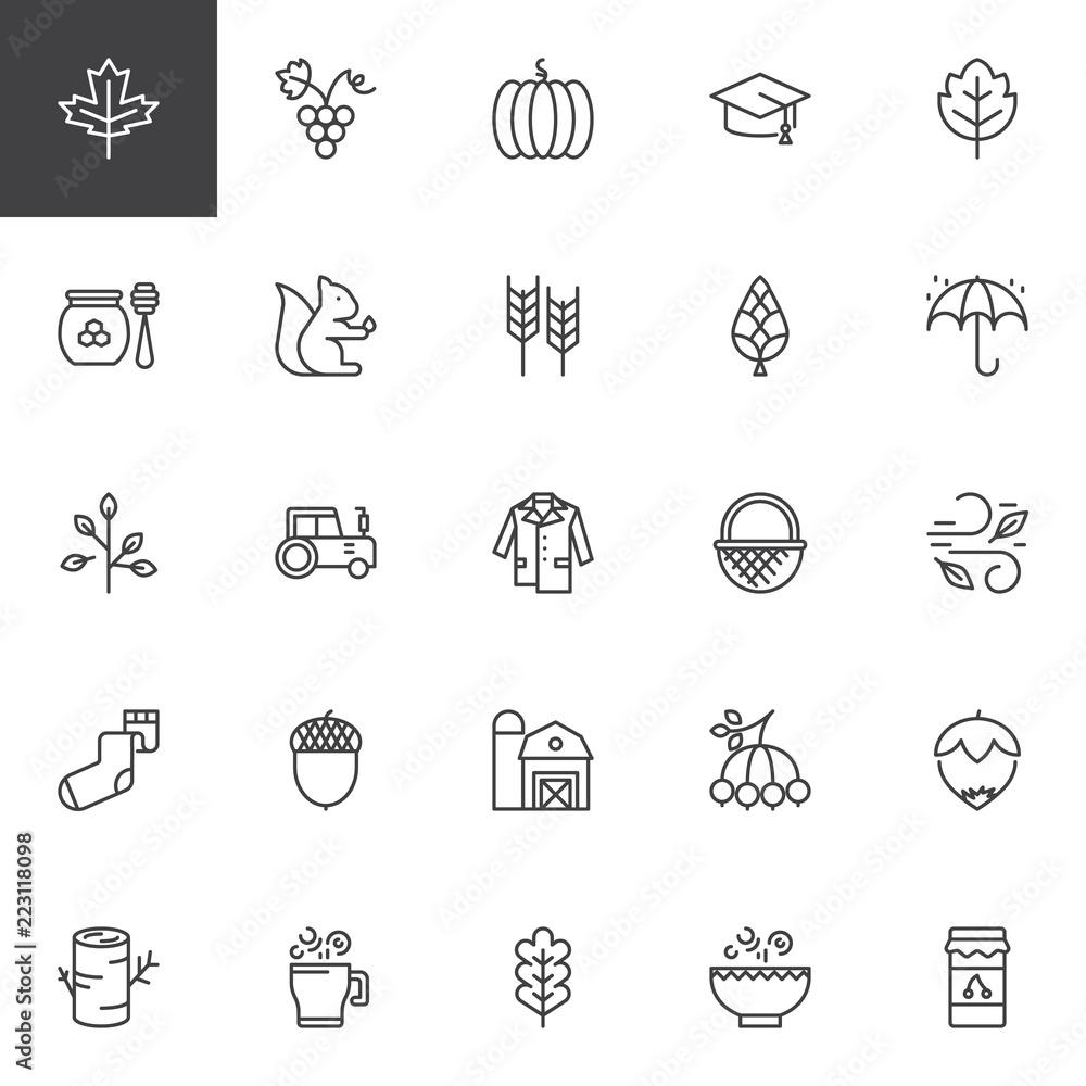 Autumn Elements outline icons set. linear style symbols collection ...